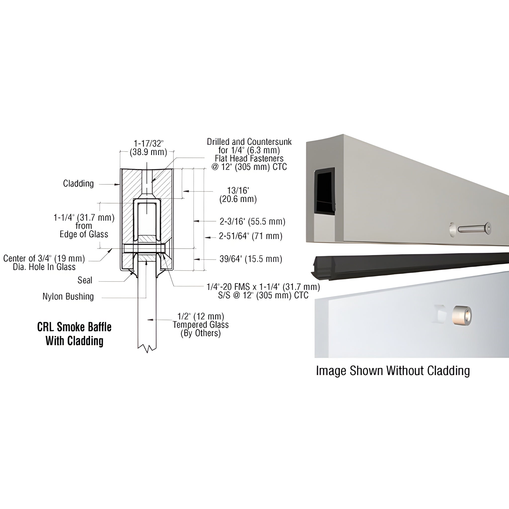 CRL Smoke Baffle Base Shoe, Satin Brass Clad for 1/2" Glass Door ...